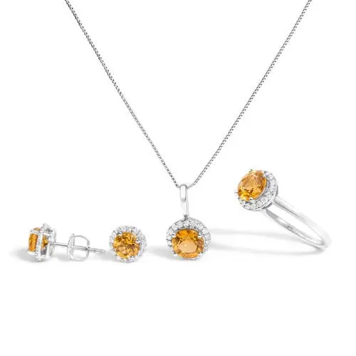 HAUS OF BRILLIANCE 10k Gold Gemstone And Diamond Halo Jewelry Set - White | Orange Citrine